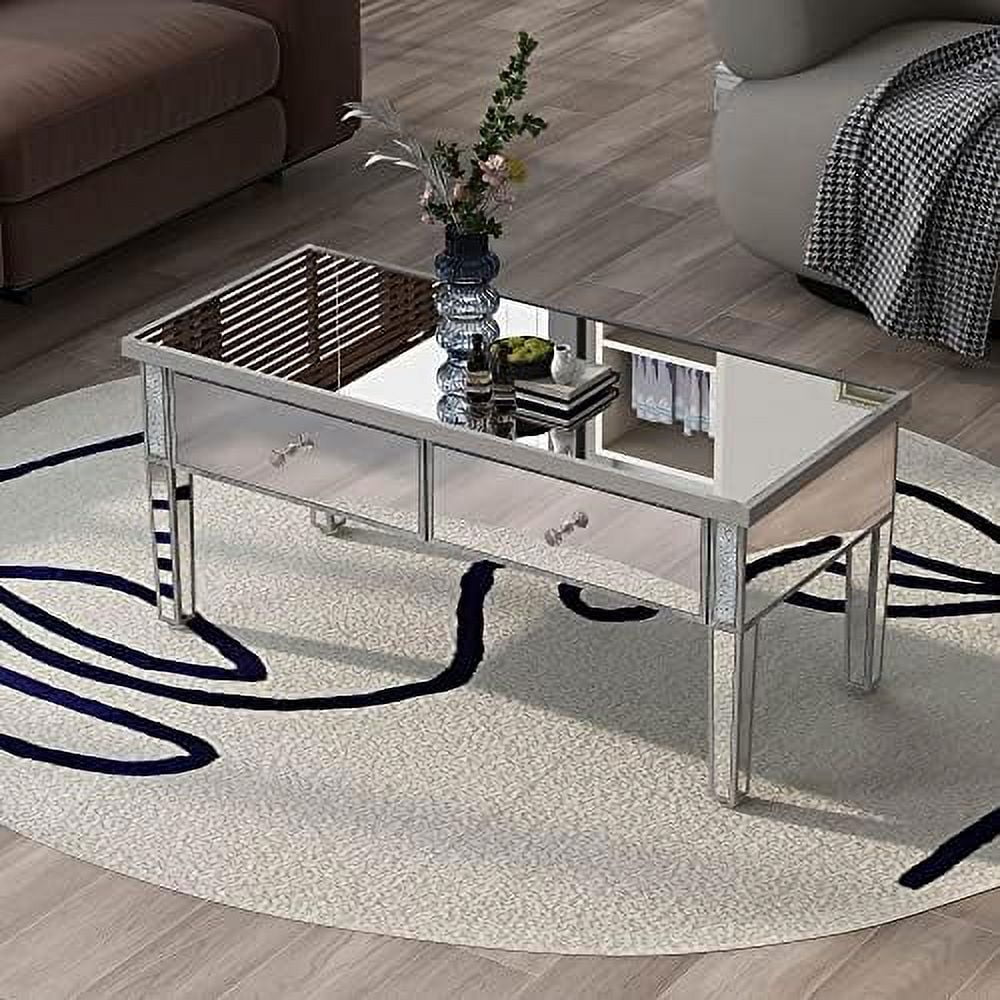 Glass Mirrored Coffee Table With 2 Drawers, Rectangle Silver Accent ...
