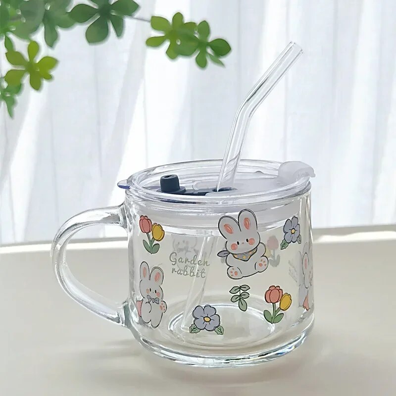 Glass Mug 350ml Cartoon Home Office Ins Coffee Cup with Straw Cup with ...