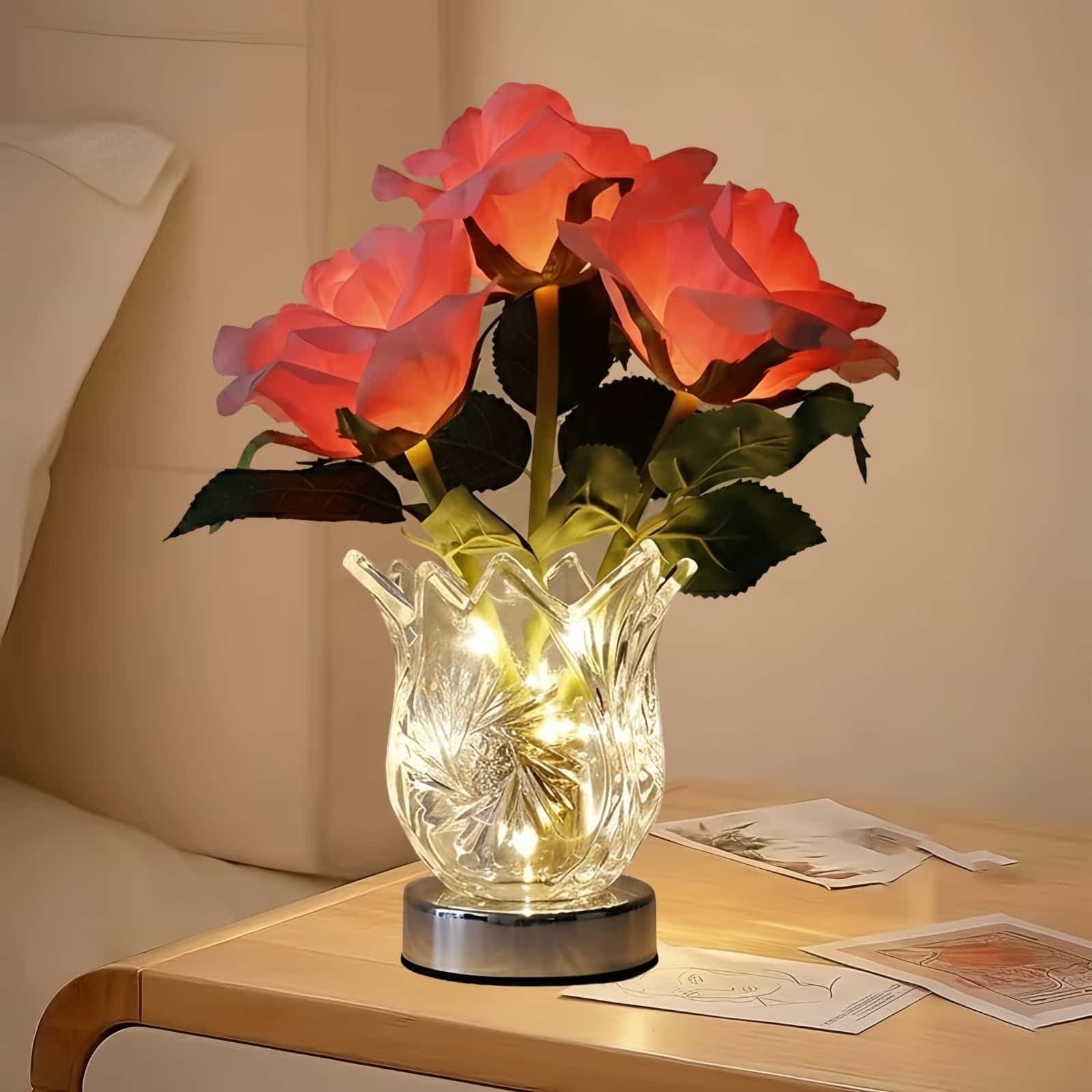 Glass Night Lights Rechargeable LED Color Changing Light Roses Crystal ...