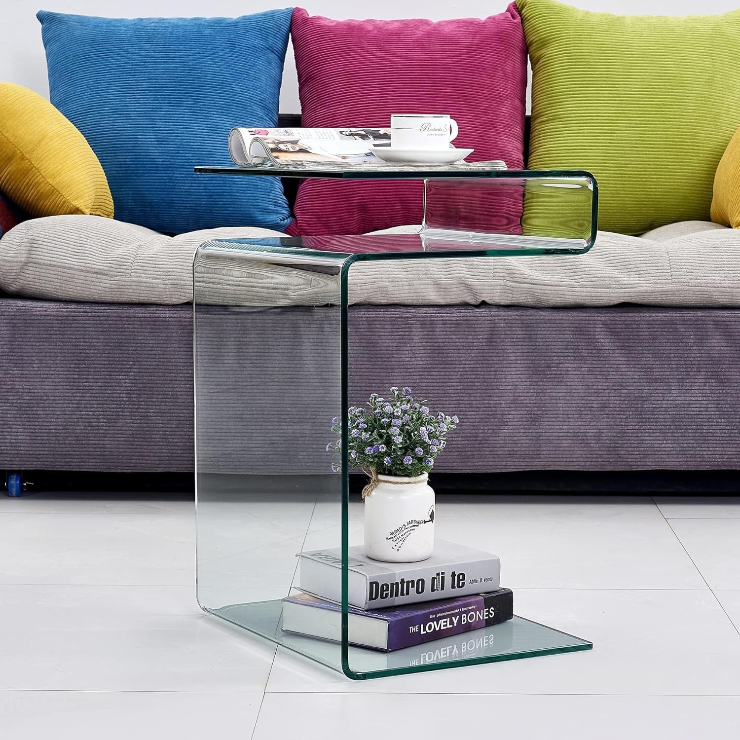 Glass Nightstand Side End Table, Clear S-Shaped Bedside Tables for ...