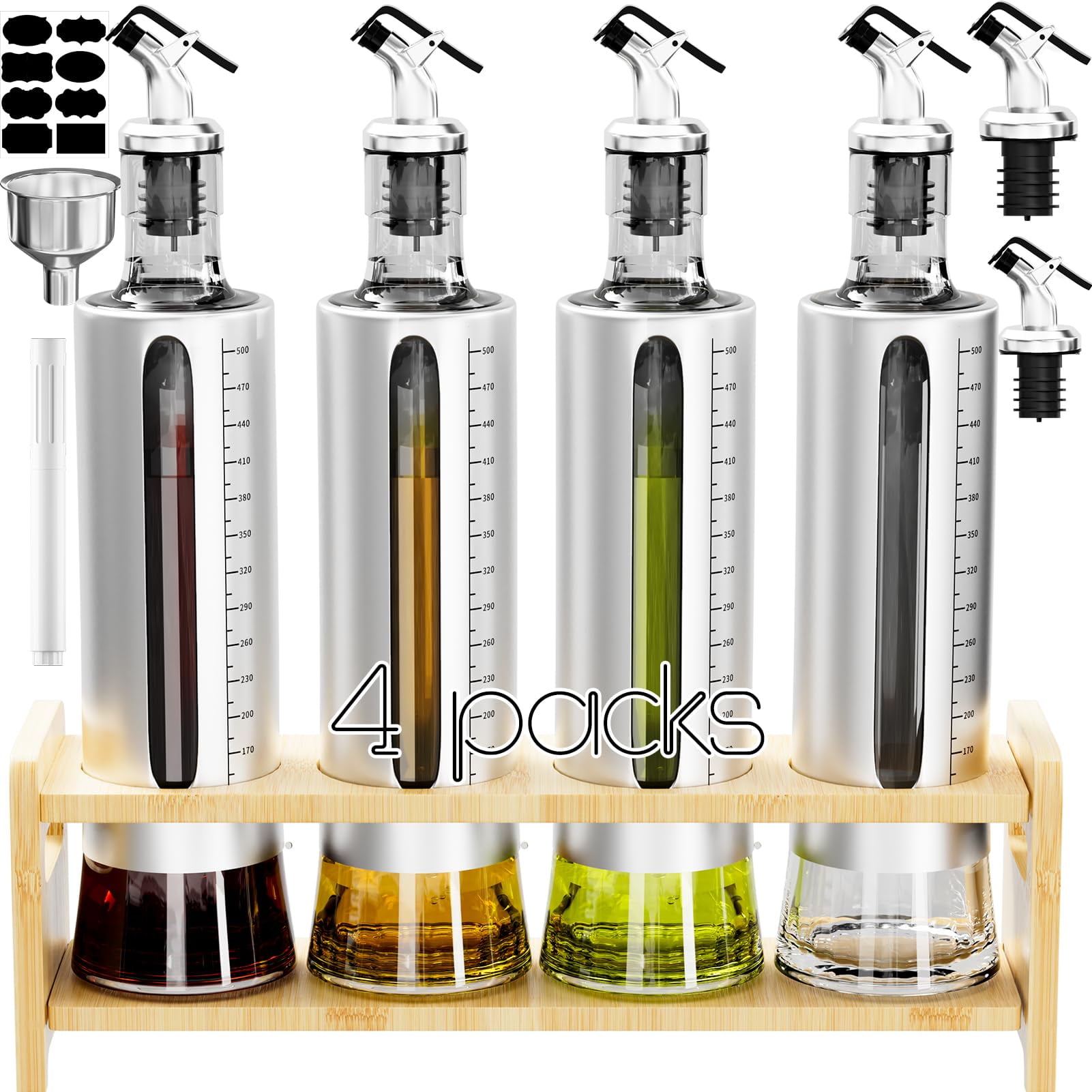 Glass Oil and Vinegar Dispenser Set 4 Pack 17oz with Stainless Steel ...