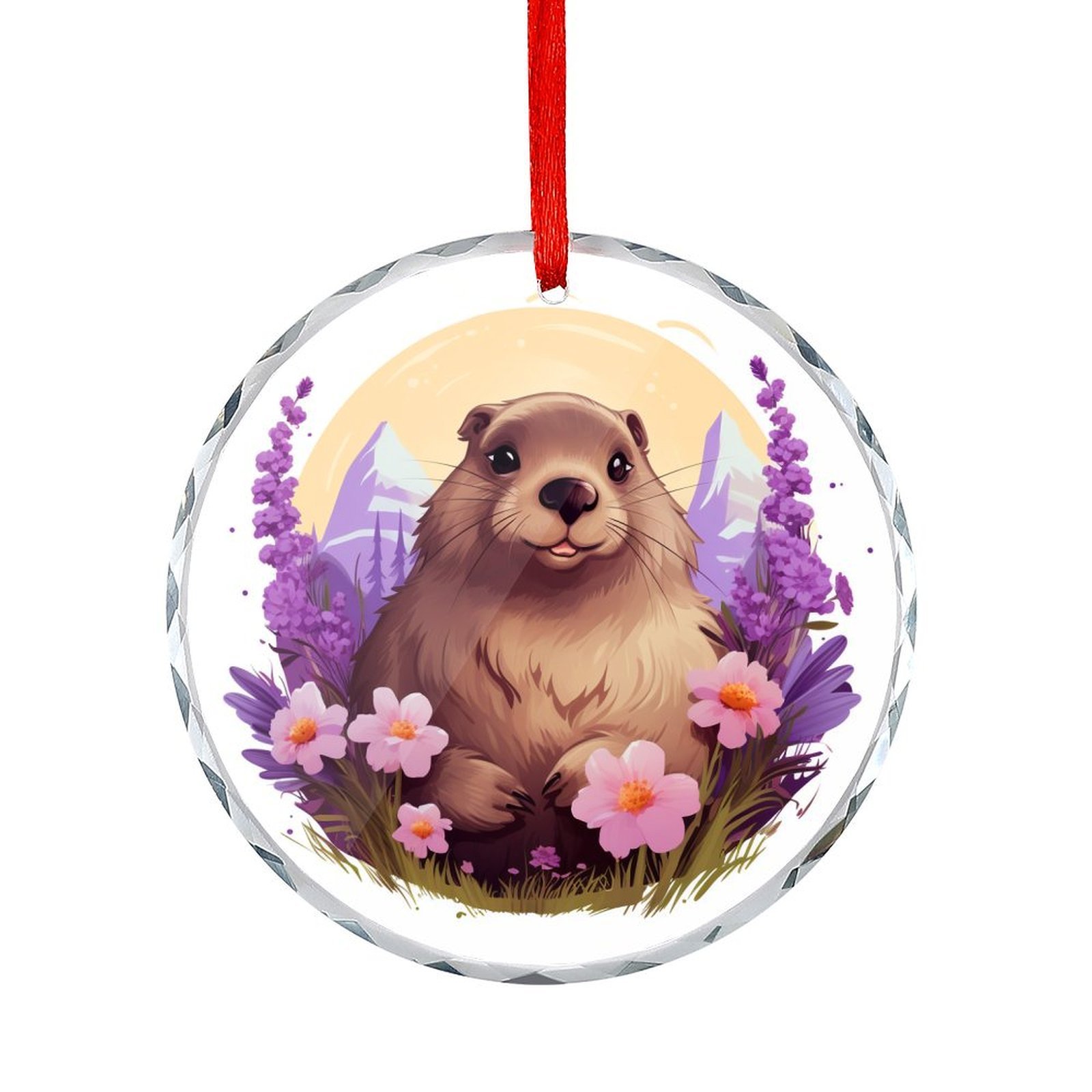 Glass Ornament Marmot, Groundhog Animal with Purple Floral Glass Round ...
