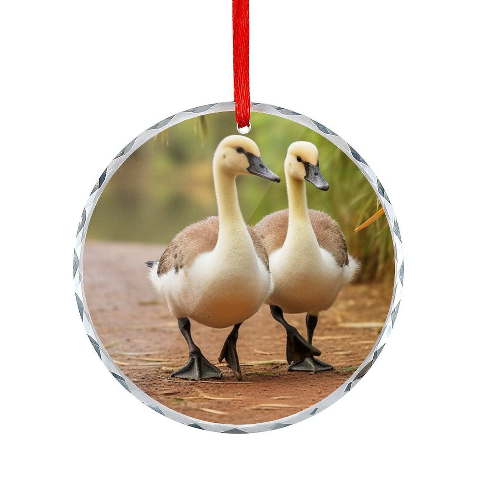 Glass Ornament Two Cute Baby Geese Walking on Round Glass Hanging ...