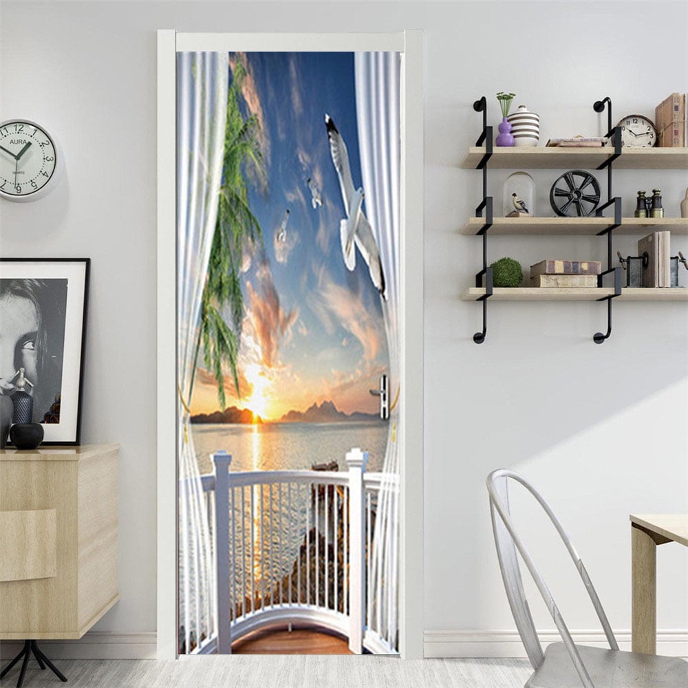 Glass Outside Landscape Door Stickers Beach Adhesive Mural Decoration ...