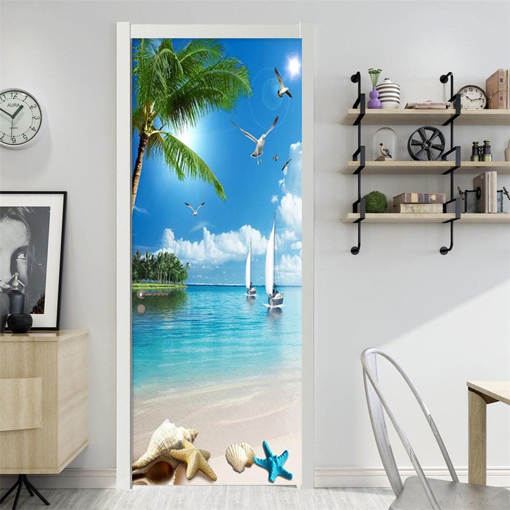Glass Outside Landscape Door Stickers Beach Adhesive Mural Decoration ...