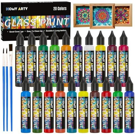 Glass Paint 20 Colors (1 fl oz Each) with 3 Brushes, Water-based ...