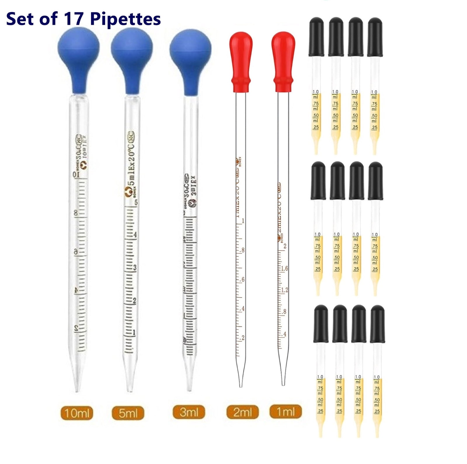 Glass Pipettes Graduated Droppers Set of 17 Pcs with Rubber Heads Lab ...