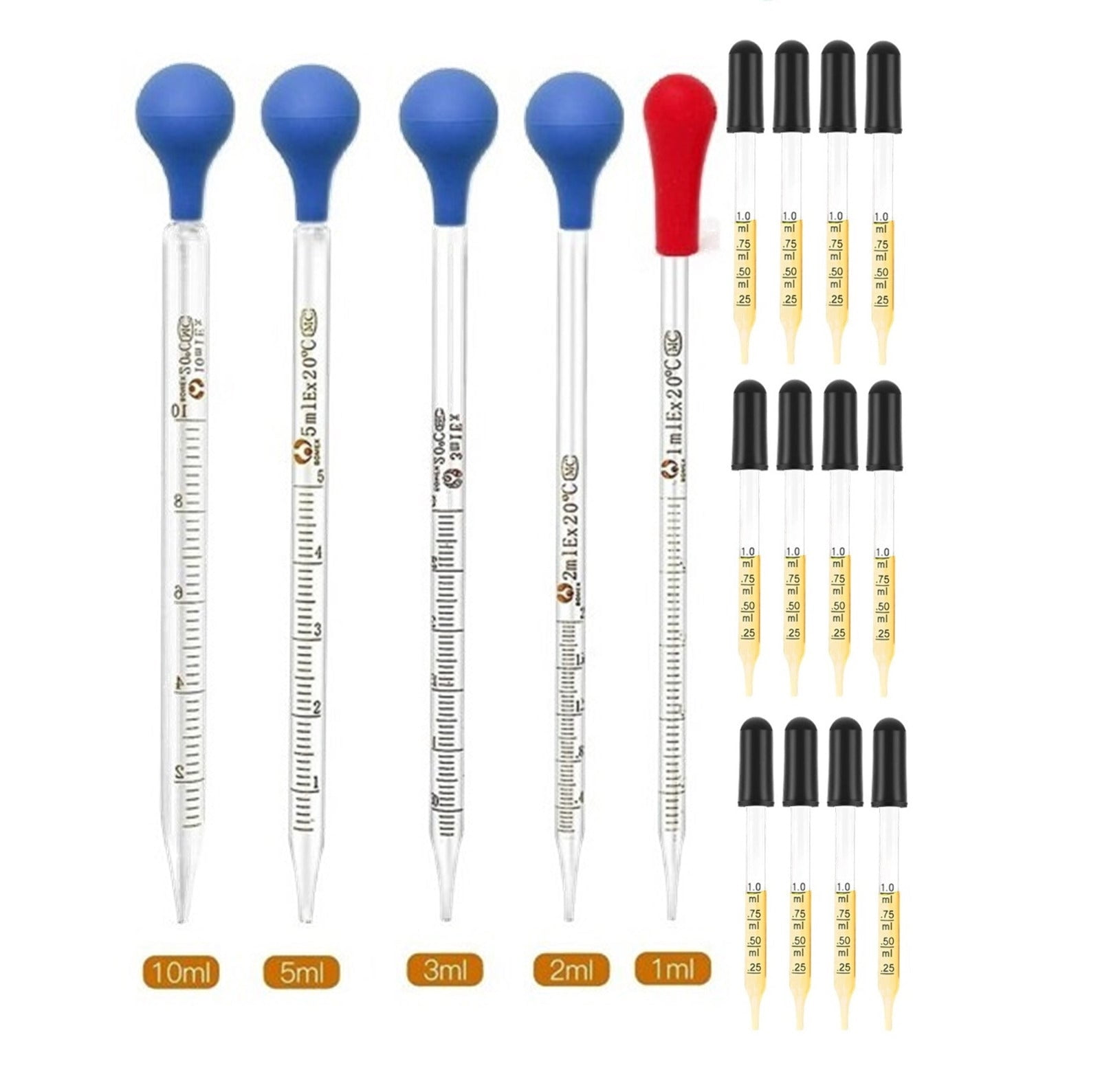 Glass Pipettes Graduated Droppers Set of 17 Pcs with Rubber Heads Lab ...