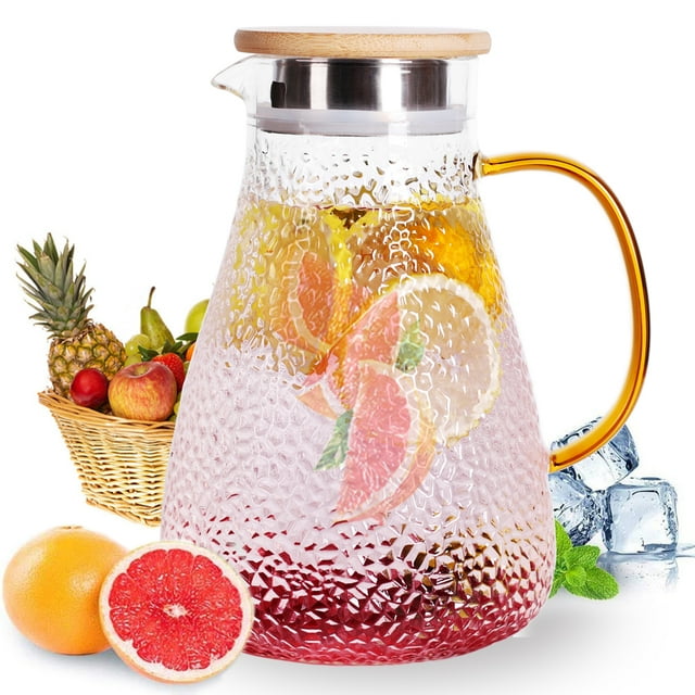 60oz Clear Glass Pitcher with Bamboo Lid, 1.8L Juice, Lemonade and Iced ...