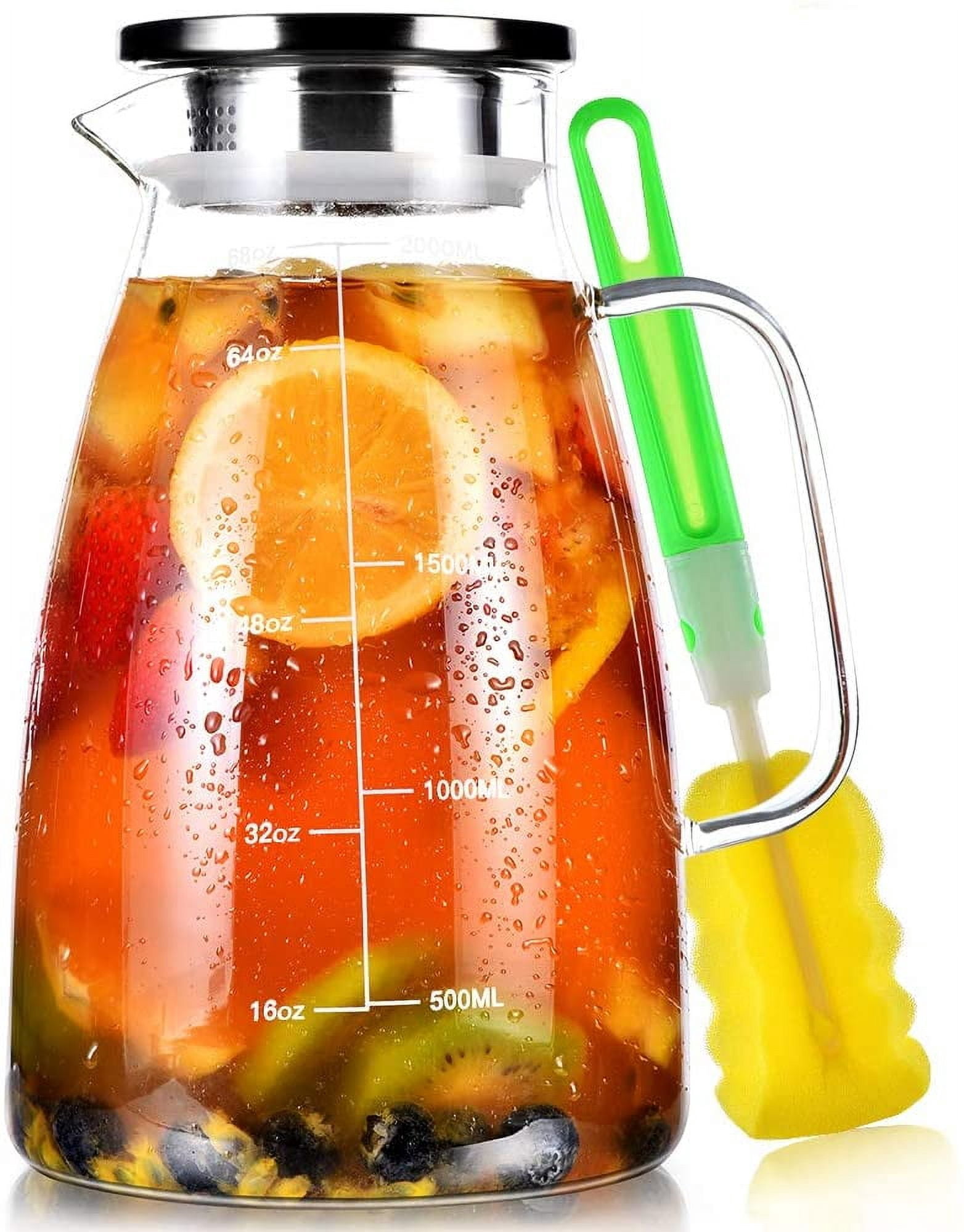 Glass Pitcher, 68oz Water Pitcher with Lid and Precise Scale Line, 18/8 ...