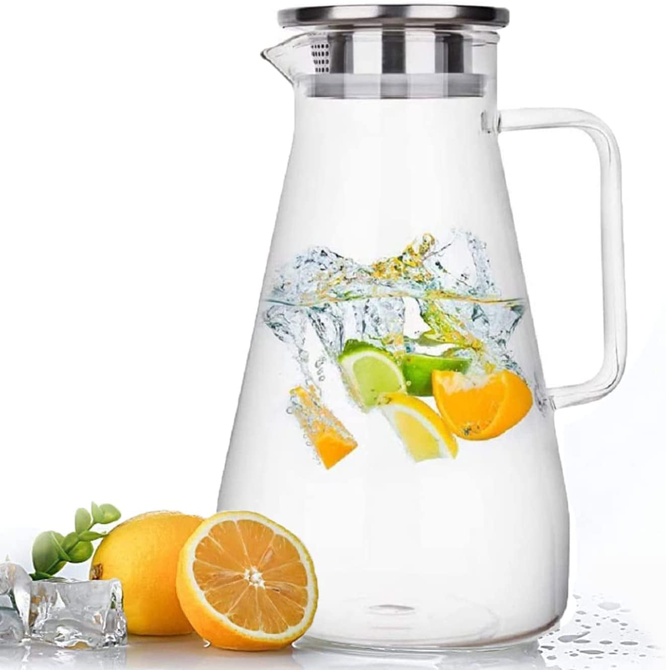 Glass Pitcher with Lid, 1.8L/60 oz Heat Resistant Glass Water Carafe ...