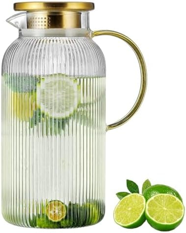 Glass Pitcher with Lid, 100 oz/ 3 Liter Classic Vertical Stripes Water ...