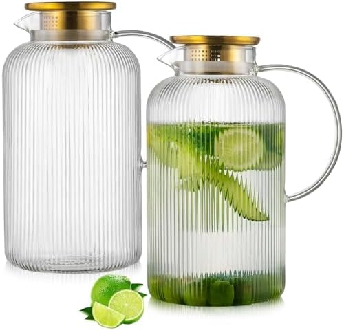 Glass Pitcher with Lid, 100 oz/ 3 Liter Classic Vertical Stripes Water ...
