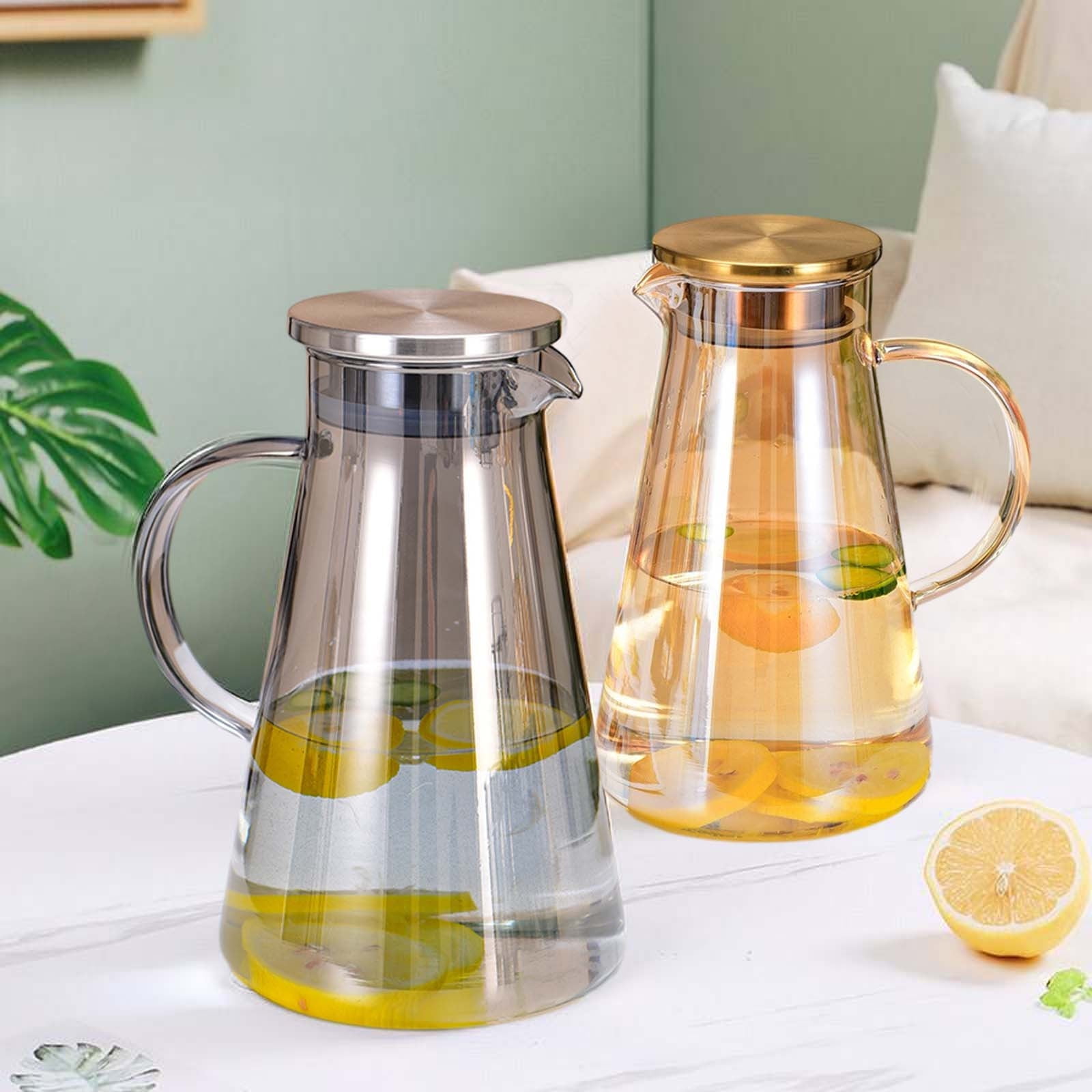 Glass Pitcher with Lid - 2 Liter Large Capacity | Hot & Cold Drink ...