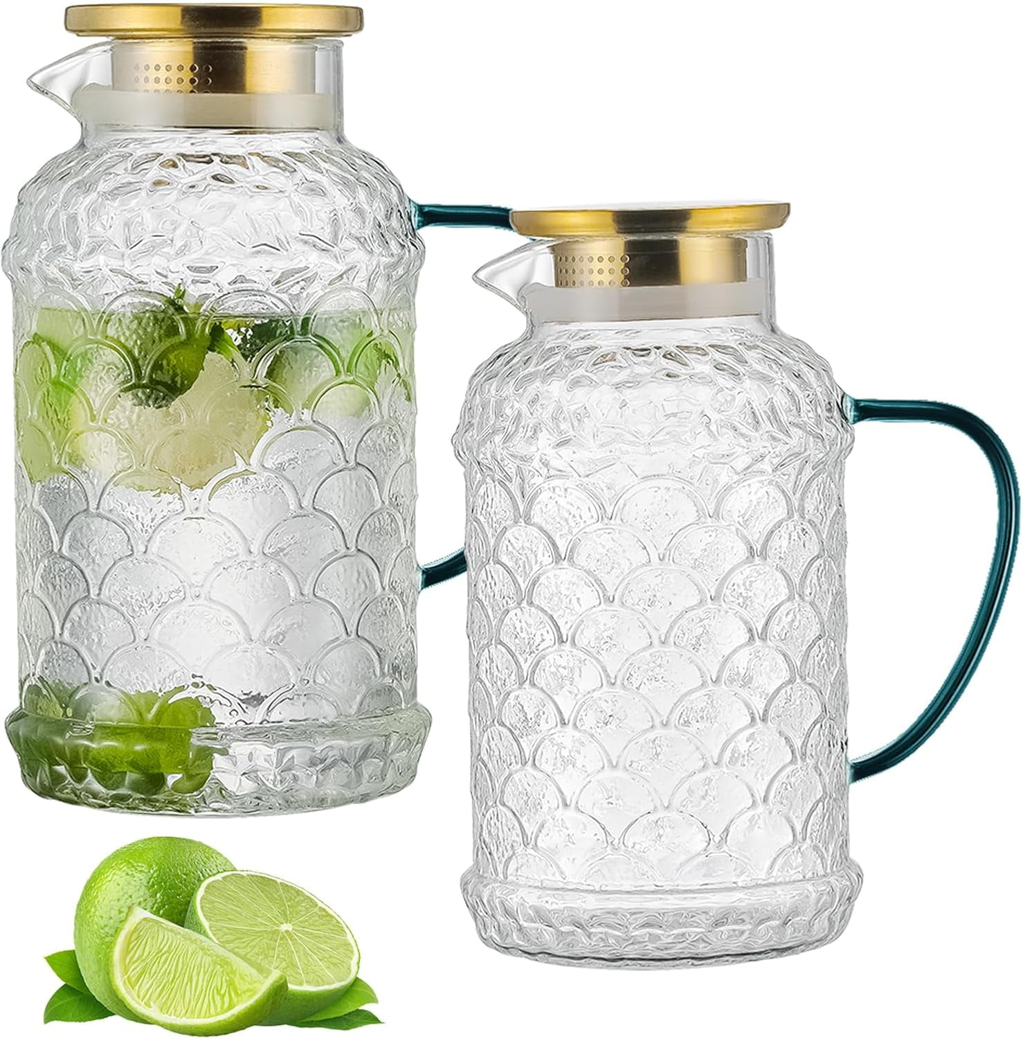 Glass Pitcher with Lid, 2 PACK 68 oz/2 Liter Vintage Water Pitcher ...