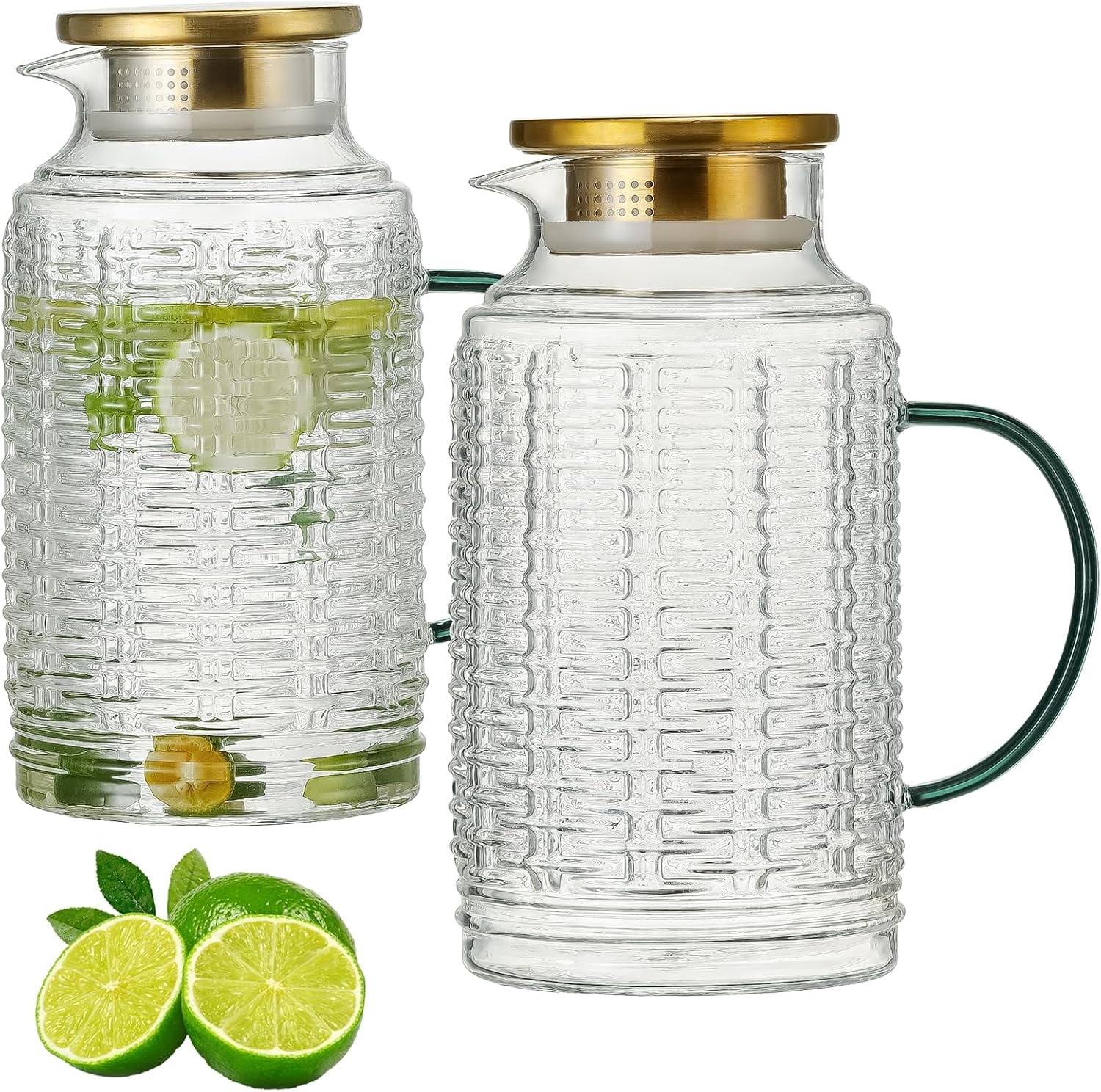 Glass Pitcher with Lid, 2 PACK 68 oz/2 Liter Vintage Water Pitcher ...