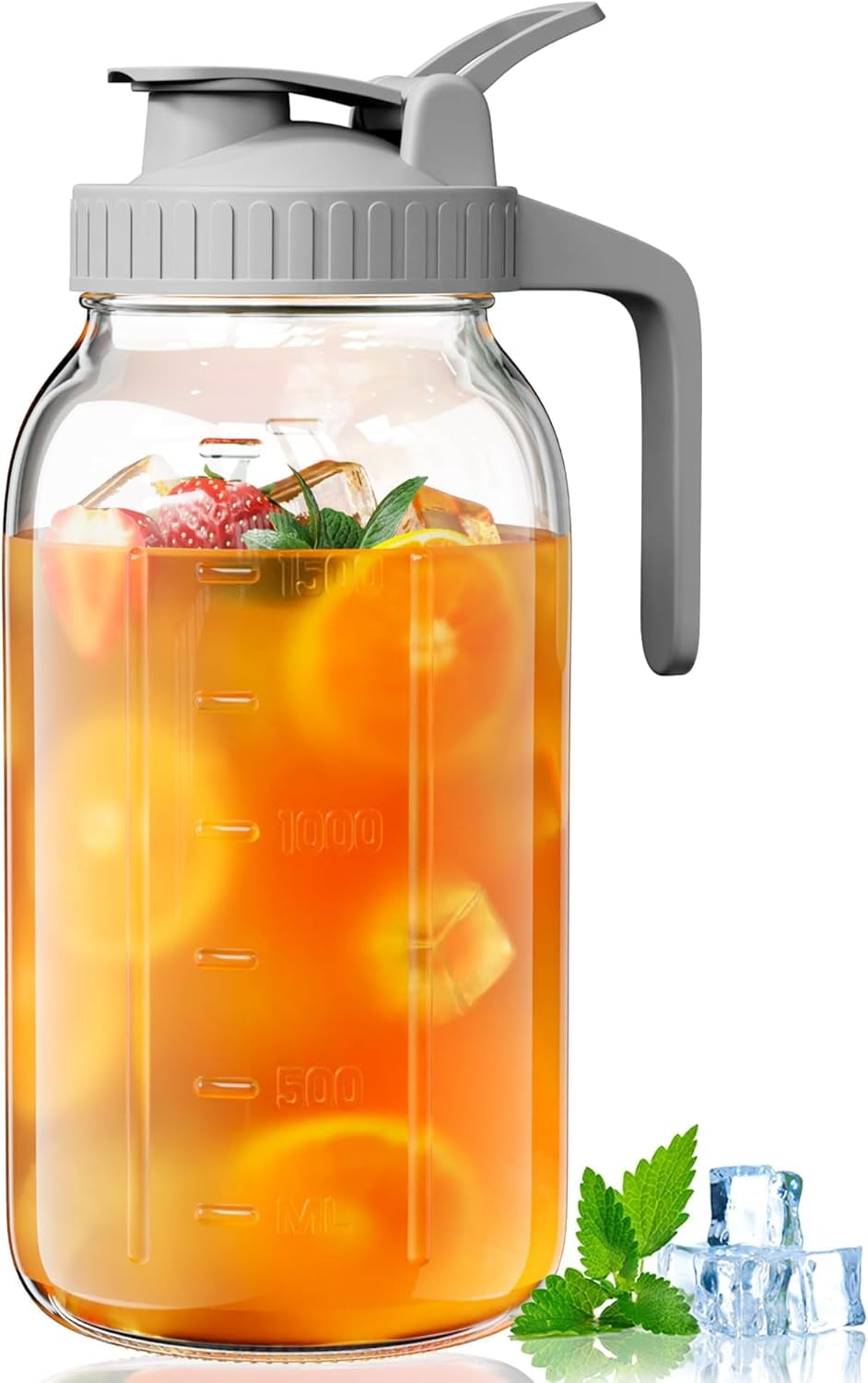 Glass Pitcher with Lid, 64 oz Large Mason Jar Wide Mouth, Sun Tea Glass ...