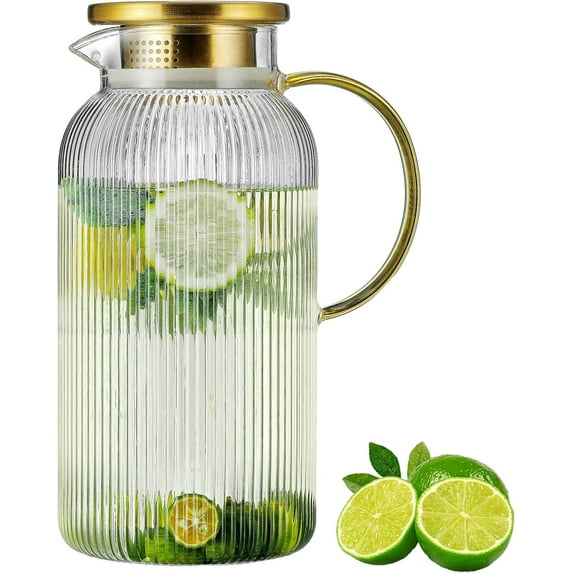 Glass Pitcher with Lid, 68 oz/2 Liter Classic Vertical Stripes Water ...
