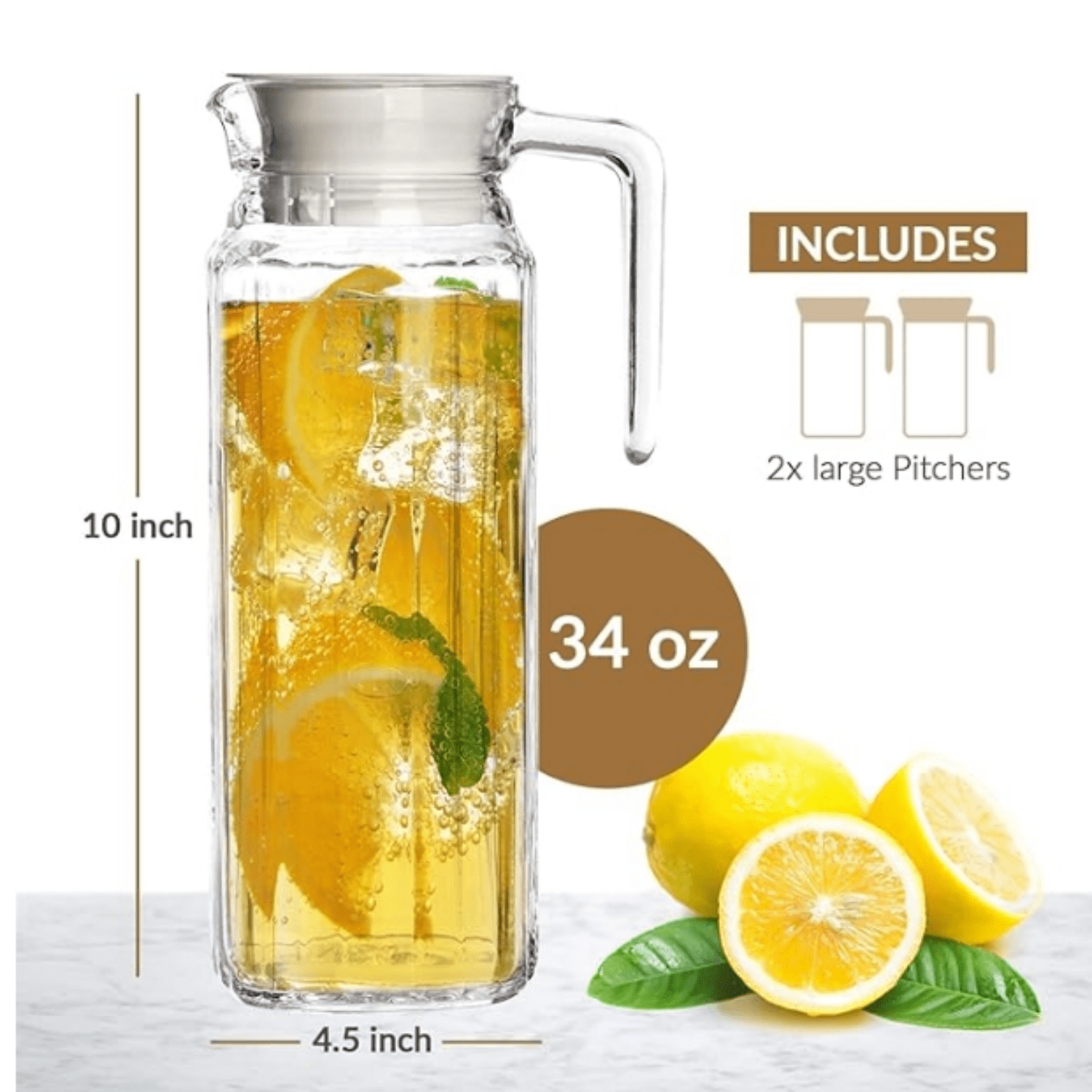Glass Pitcher with Lid – Set of 2 34Oz Glass Water Pitcher – Cold Water ...