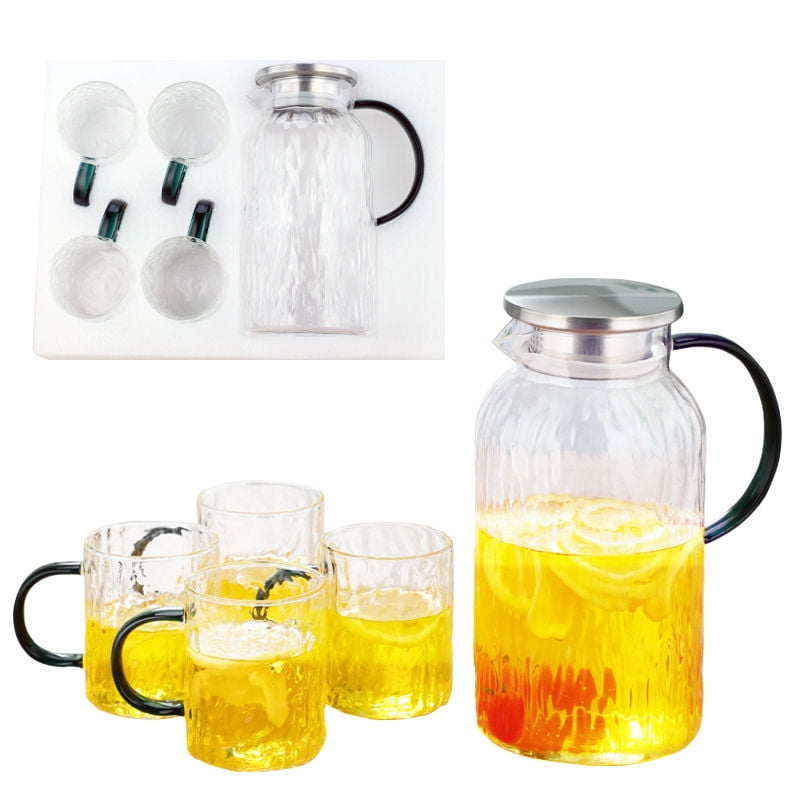 Glass Pitcher Set (54 oz) with 4 Cups , Elegant Tree Pattern Design ...
