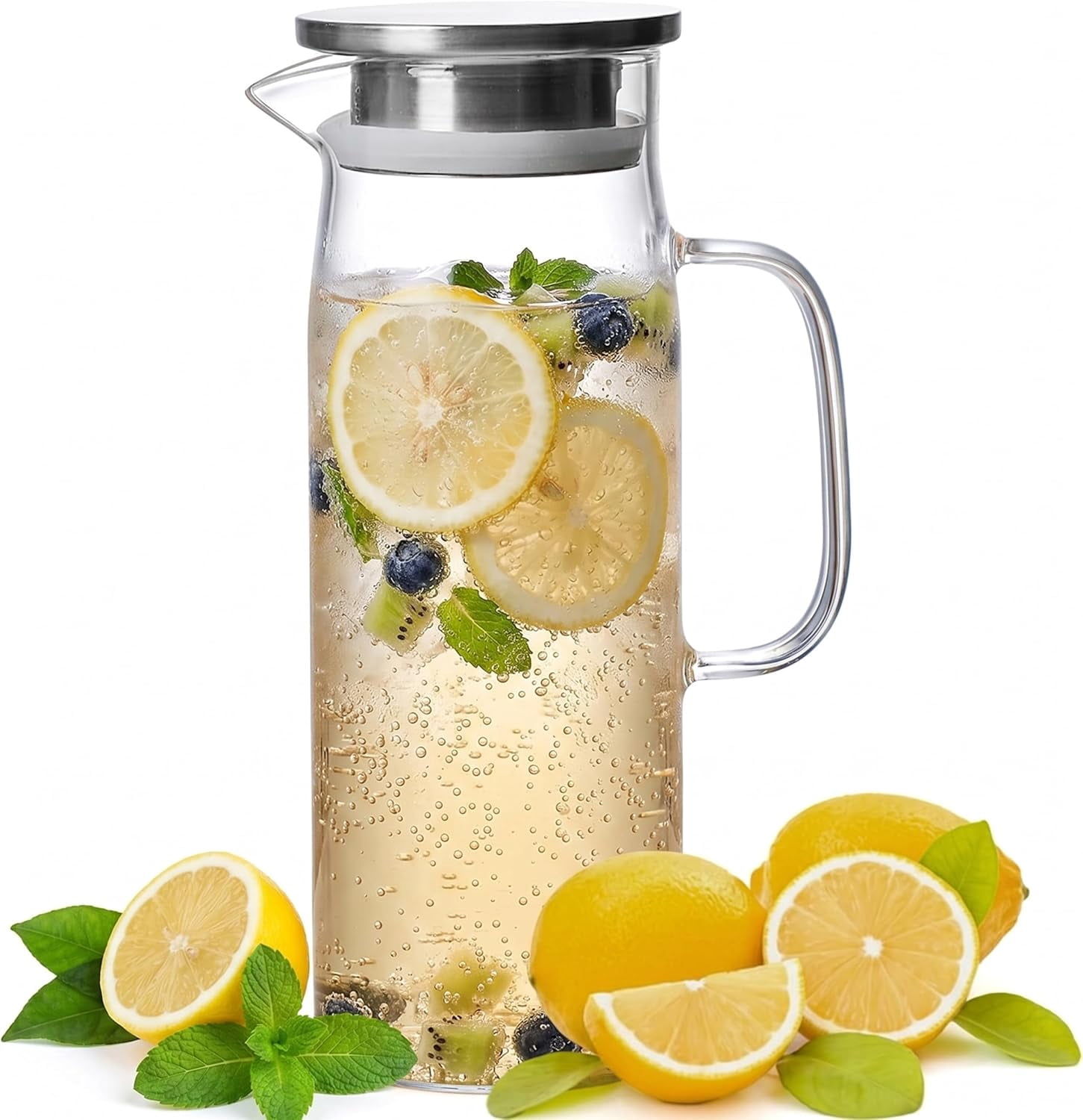 Glass Pitcher with Lid Glass Water Carafe with Handle, Fridge Water Jug ...