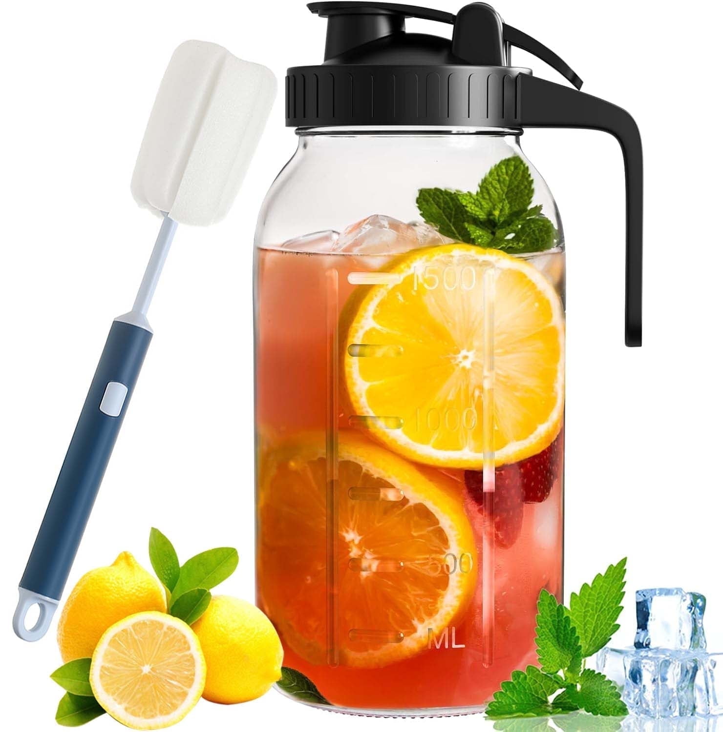 Mason Jar Pitcher Glass Pitchers for Fridge Wide Mouth Leak-Proof Glass ...