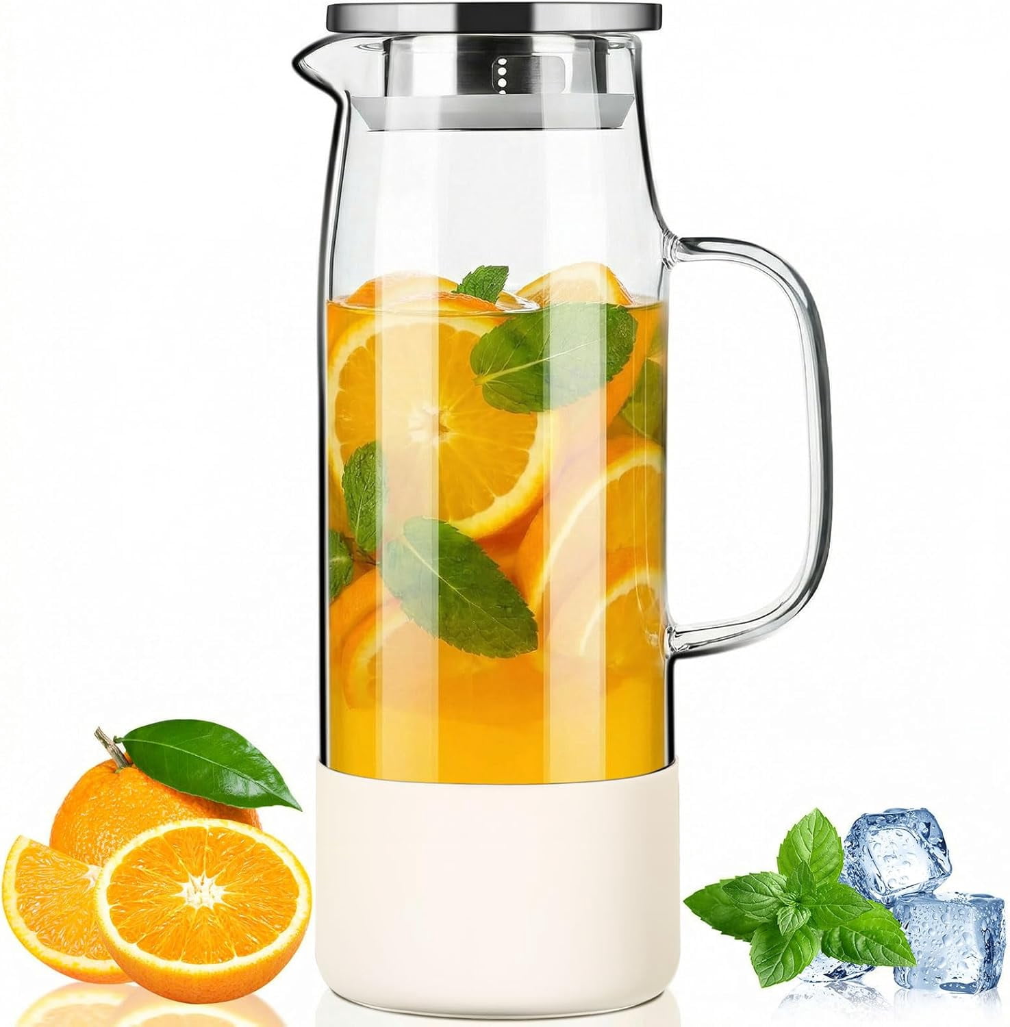 Glass Pitcher with Lid and Handle 50oz/ 1.5L, Hot& Cold Water Silicone ...
