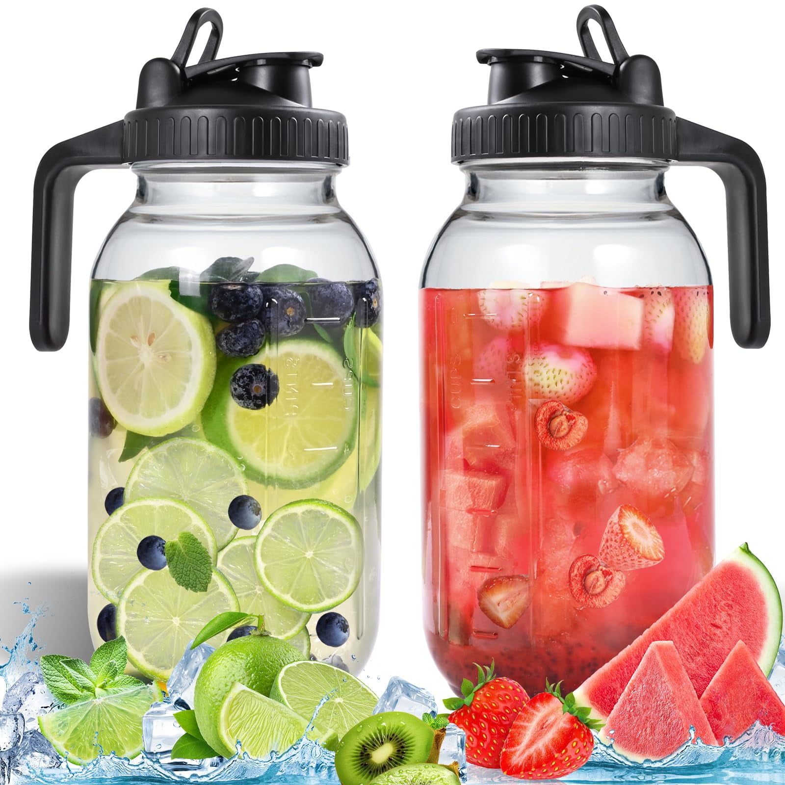 Glass Pitchers with Lid, Set of 2, Wide Mouth Water Jugs 64OZ Leak ...