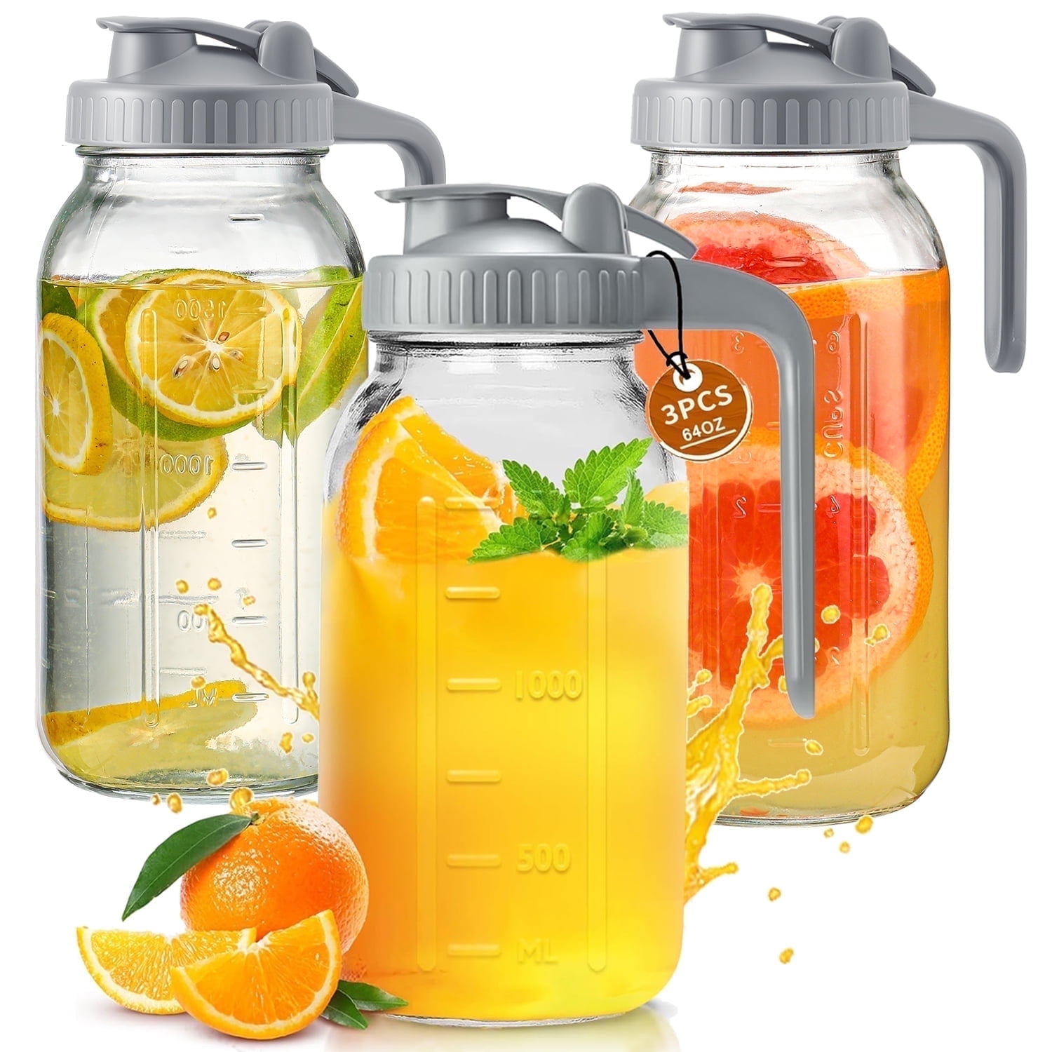 Glass Pitchers with Lid, 64oz Mason Jar Water Jugs, Wide Mouth, Set of ...