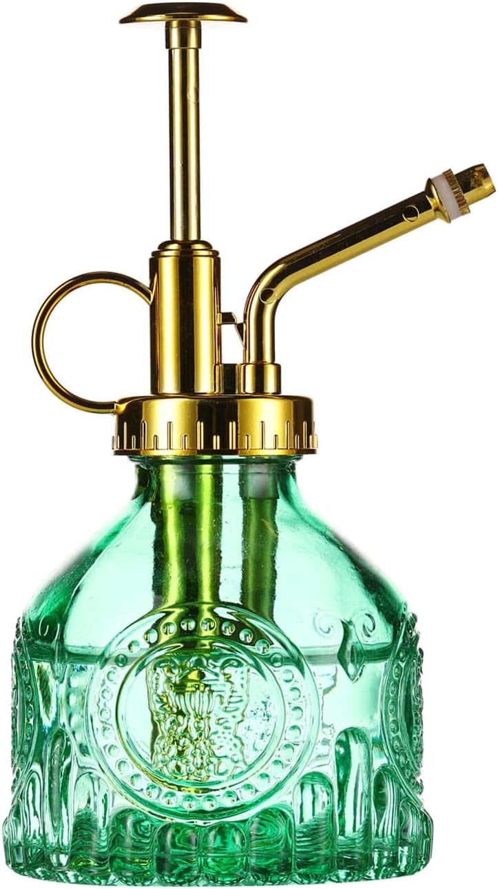 Glass Plant Mister: 6.5" Green Glass Water Spray Bottle with Gold Top ...