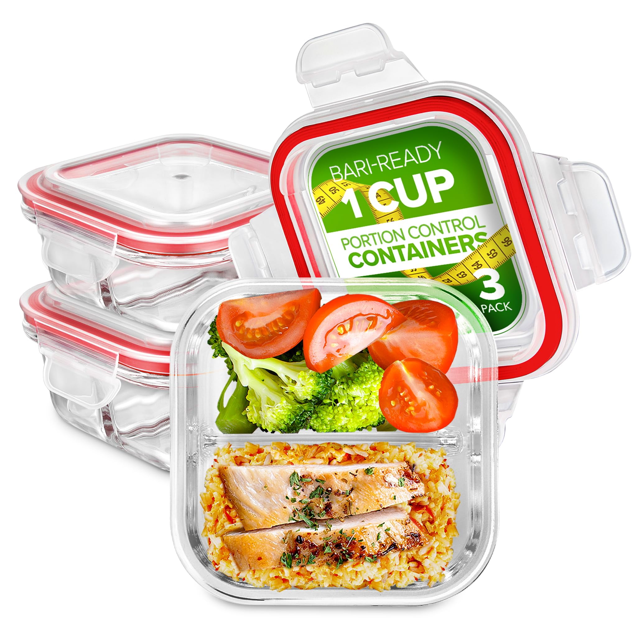 Glass Portion Control Bariatric Containers (3 Pack), 1 Cup Food ...