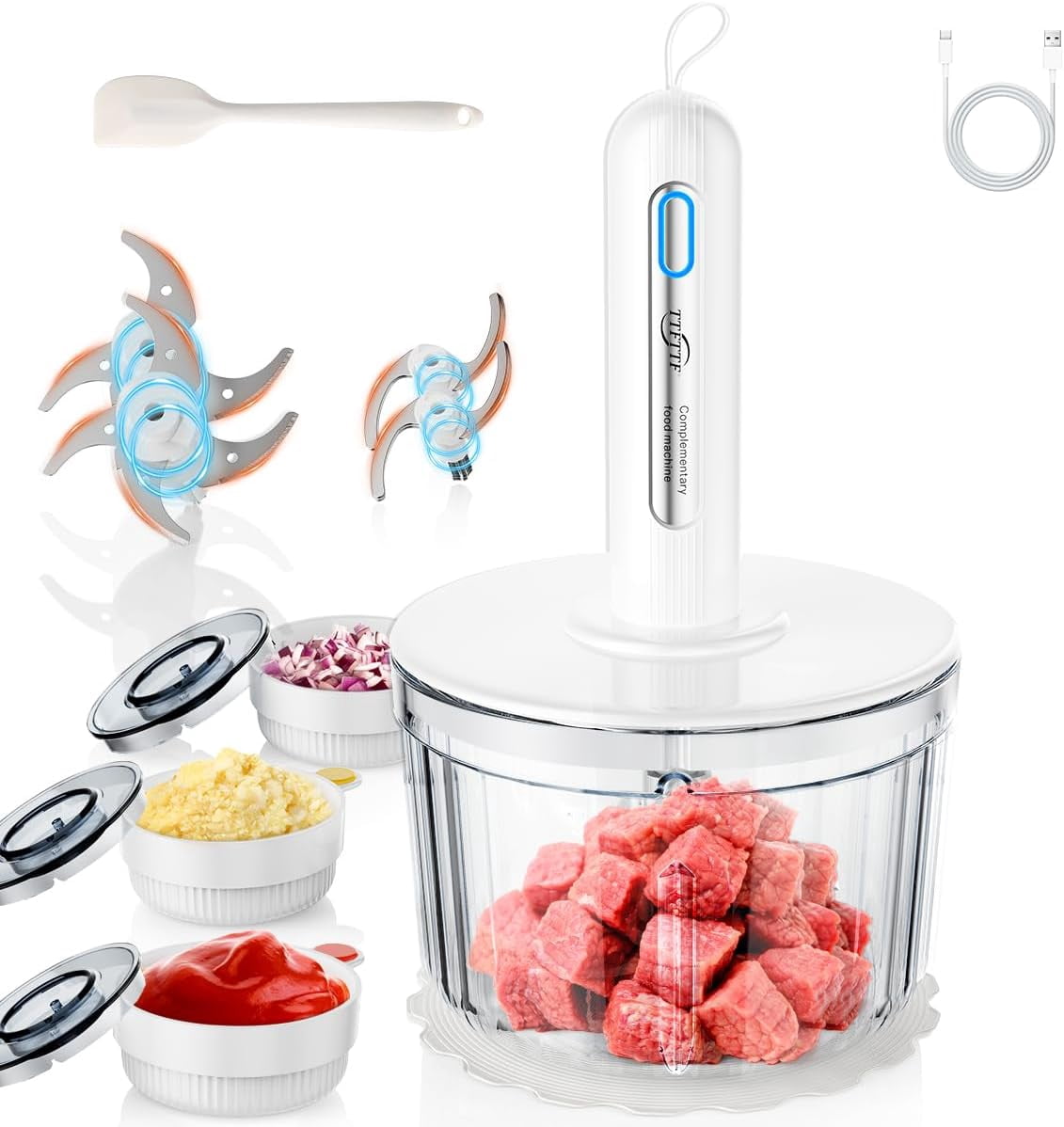 Glass Processor with 4 & 4 Bowls (8 Cup + 3x0.5 Cup), Small Processor ...
