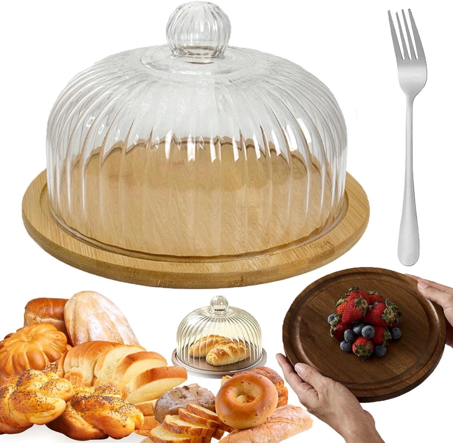 Glass Pumpkin Cloche with Wood Base, Decorative Glass Display Dome Tray ...