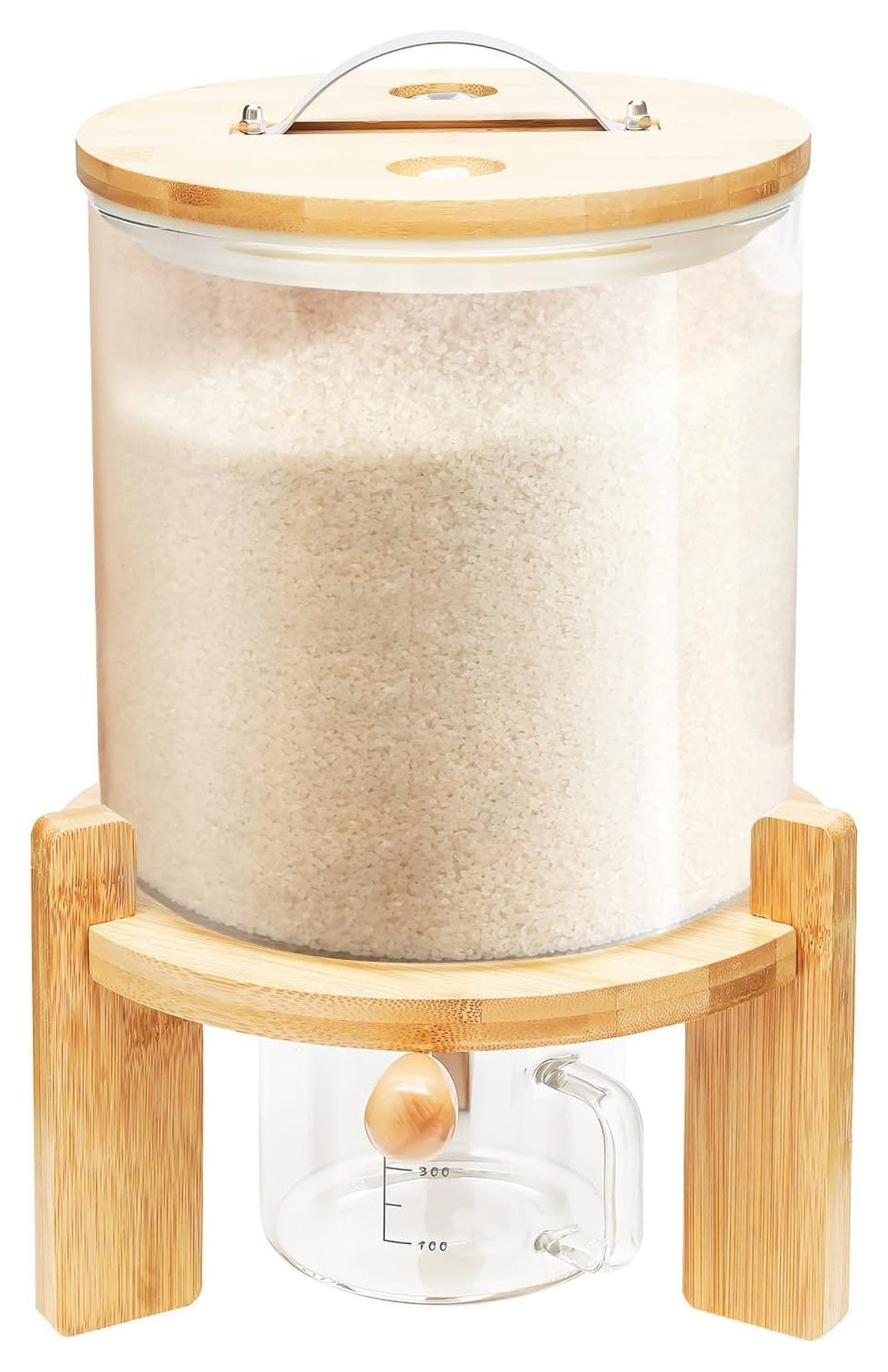 Glass Rice Dispenser, Grain Dispenser Glass Bucket With Wooden Stand ...