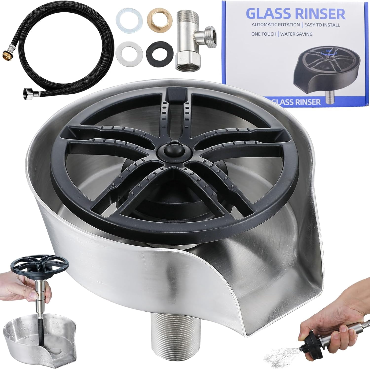 Glass Rinser and Cup Washer for Sink, 360 ° Rotating Spray Nozzle with ...