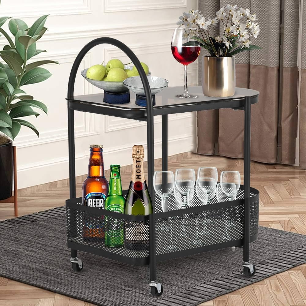 Glass Rolling Bar Cart, 2 Tiers Home Bar Serving Cart on Lockable ...