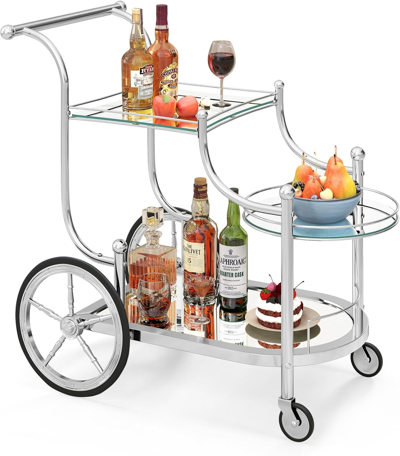 Glass Rolling Bar Cart, Rolling Serving Cart with 3-Tier Shelf ...