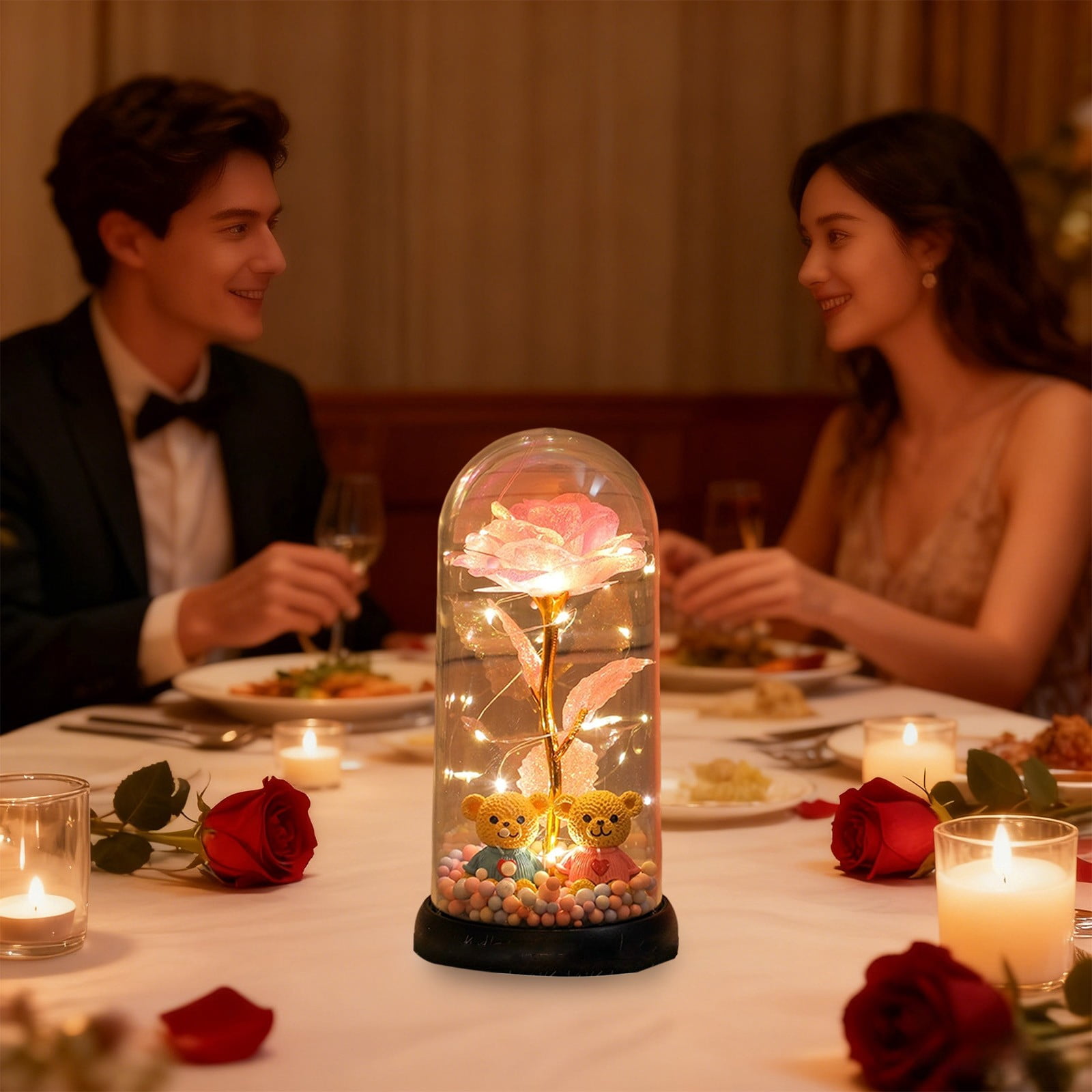 Glass Rose Night Light with Two Bears LED Preserved Flower Lamp for ...