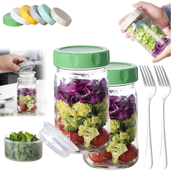 Glass Salad Jars with Lids, Two Small Built-in Boxes - Leakproof Salad ...