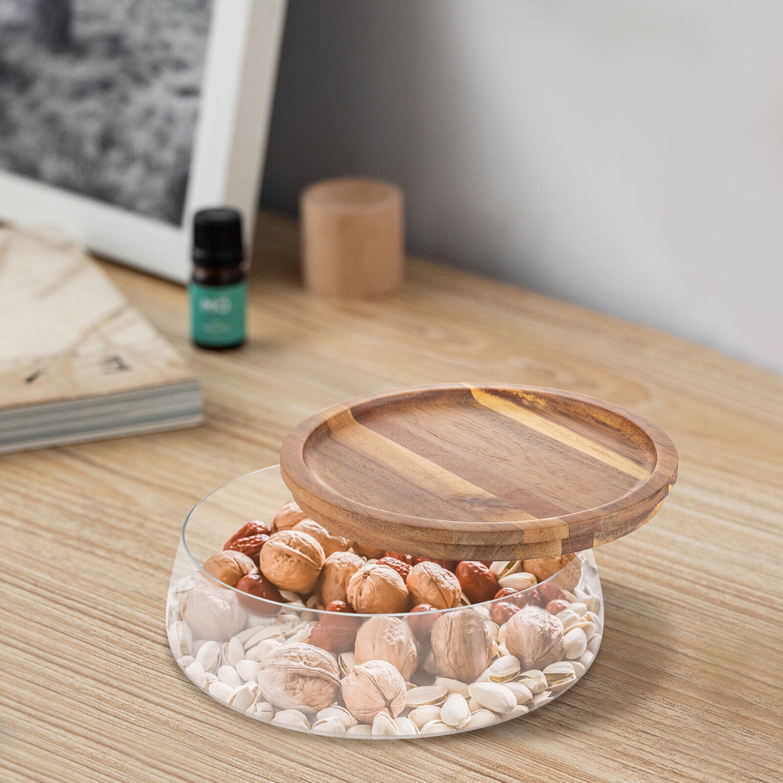 Glass Serving Container Salad Bowl with Wooden Lid Clear Glass Candy ...