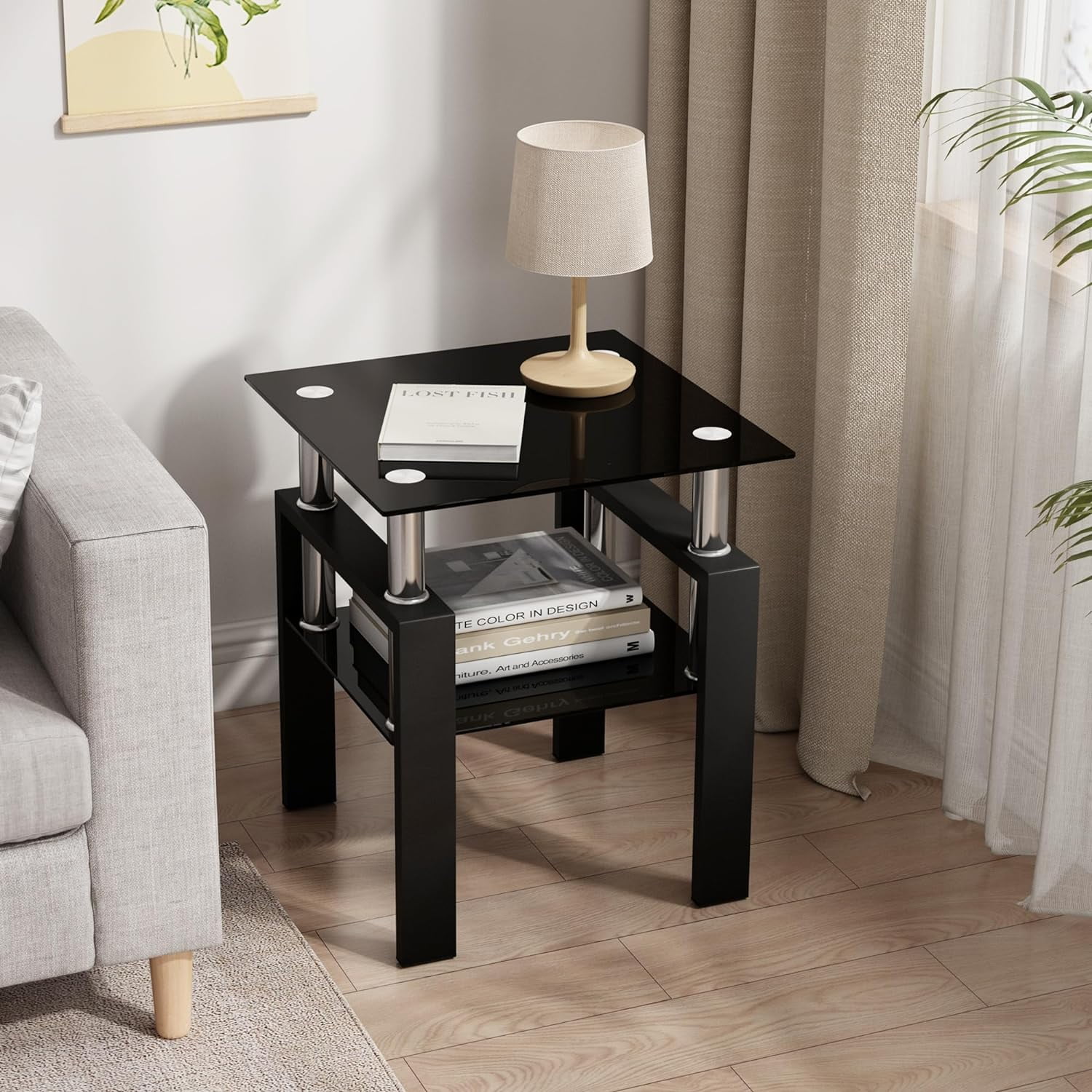 Glass Side Table 2-Tier Modern Glass Top Corner Table Living Room Side ...