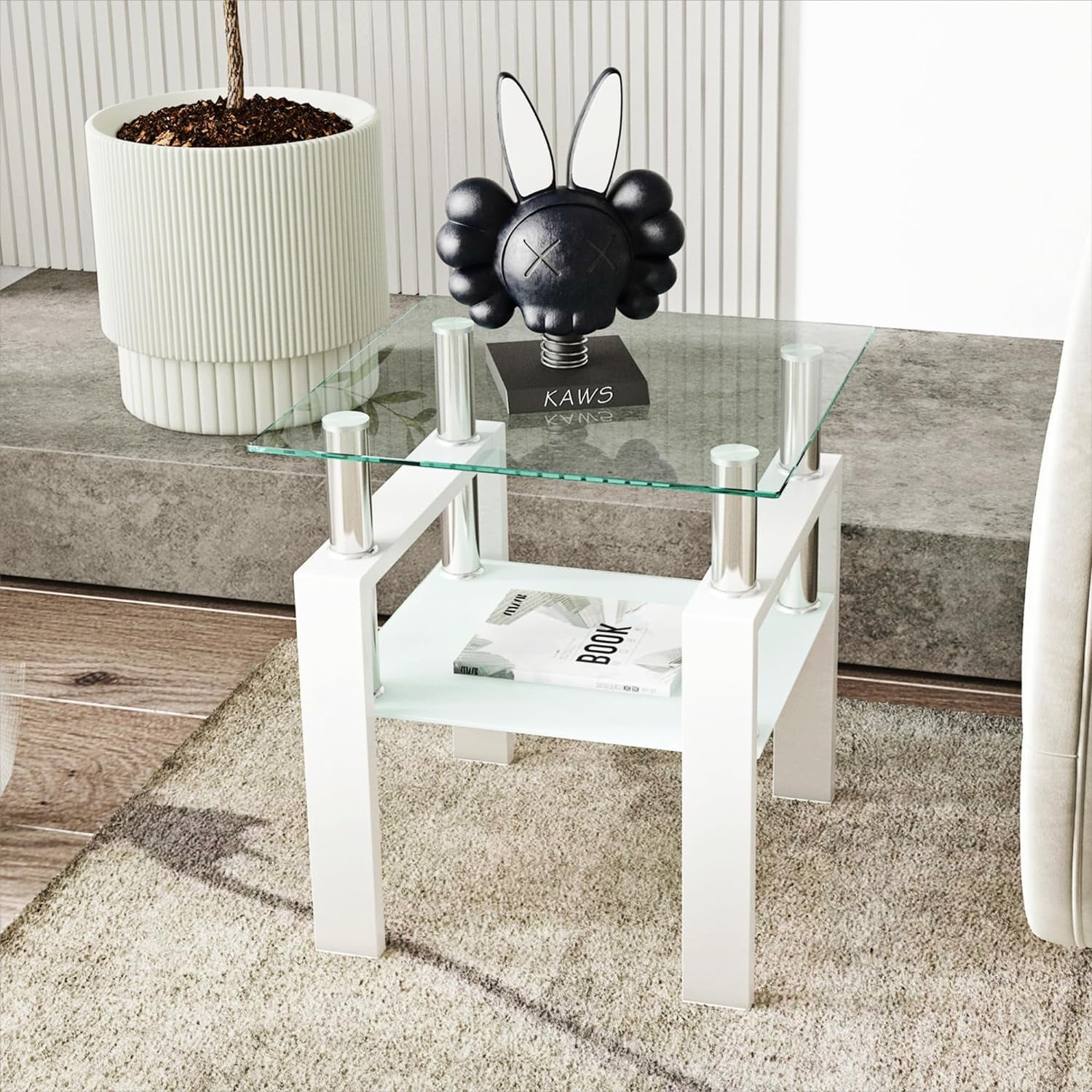 Glass Side Table 2-Tier Modern Glass Top Corner Table with Metal Leg ...