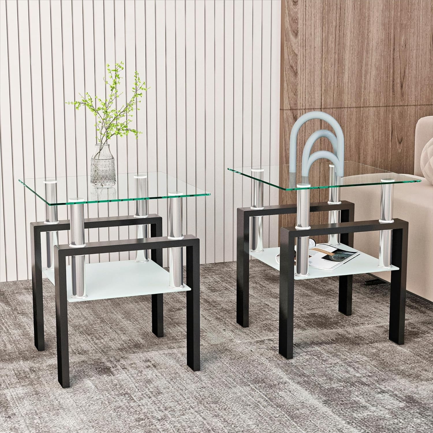 Glass Side Table 2-Tier Modern Glass Top Corner Table with Metal Leg ...