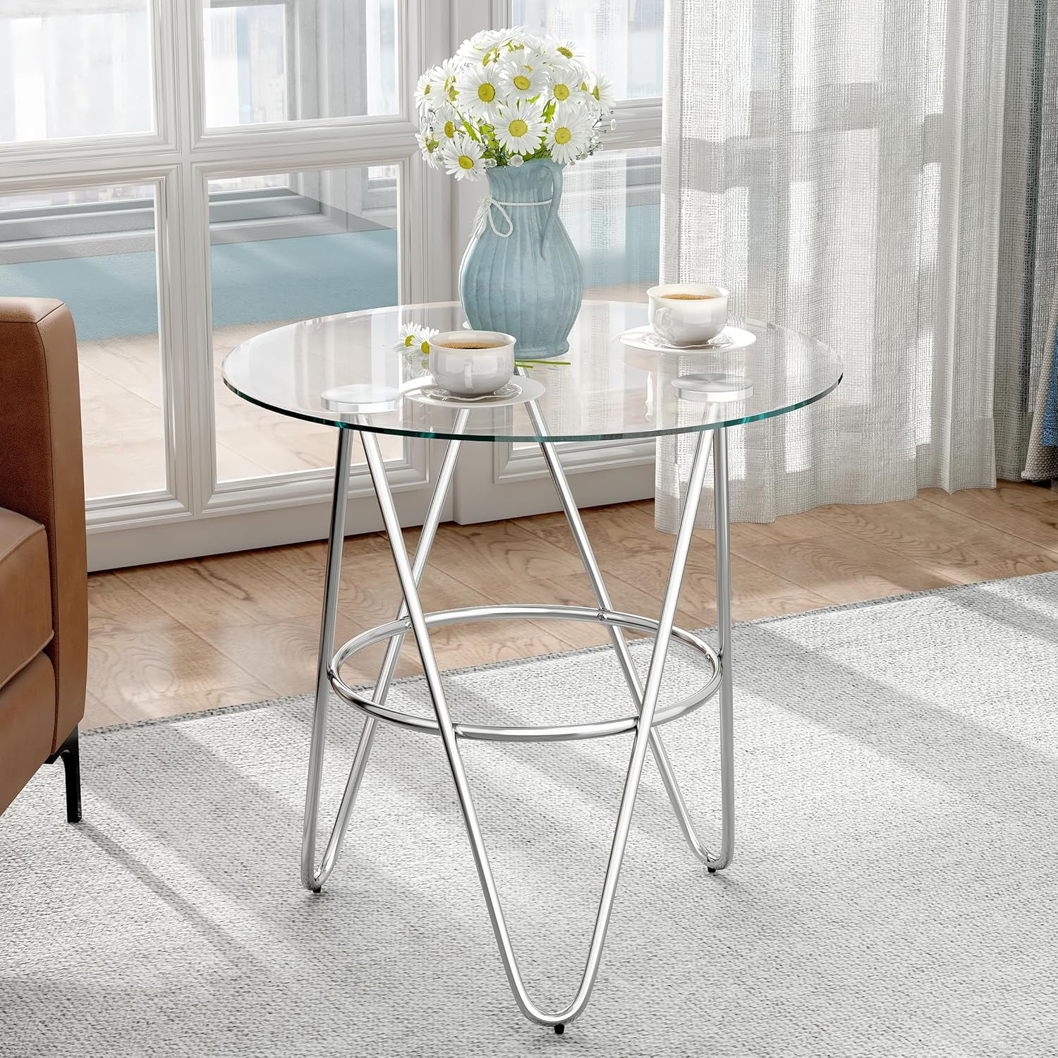 Glass Side Table, Modern Nightstand with Storage, Round Glass End Table ...