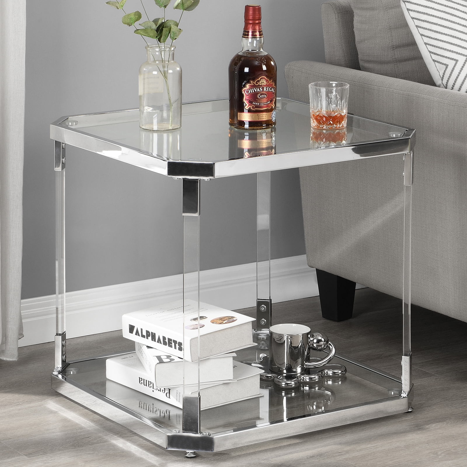Glass Side Table-Silver Chrome End Table Clear Acrylic Nightstand for ...