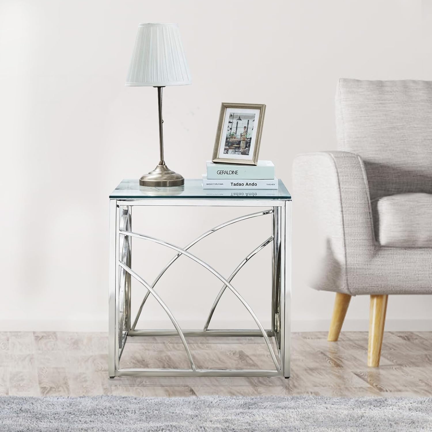 Glass Side Table Silver End Table for Living Room Modern Square Sofa ...