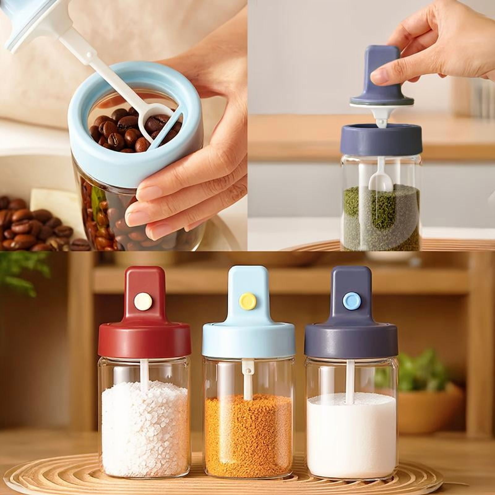 Glass Spice Jar with Built in Spoon Airtight Lid, Easy Dispensing ...