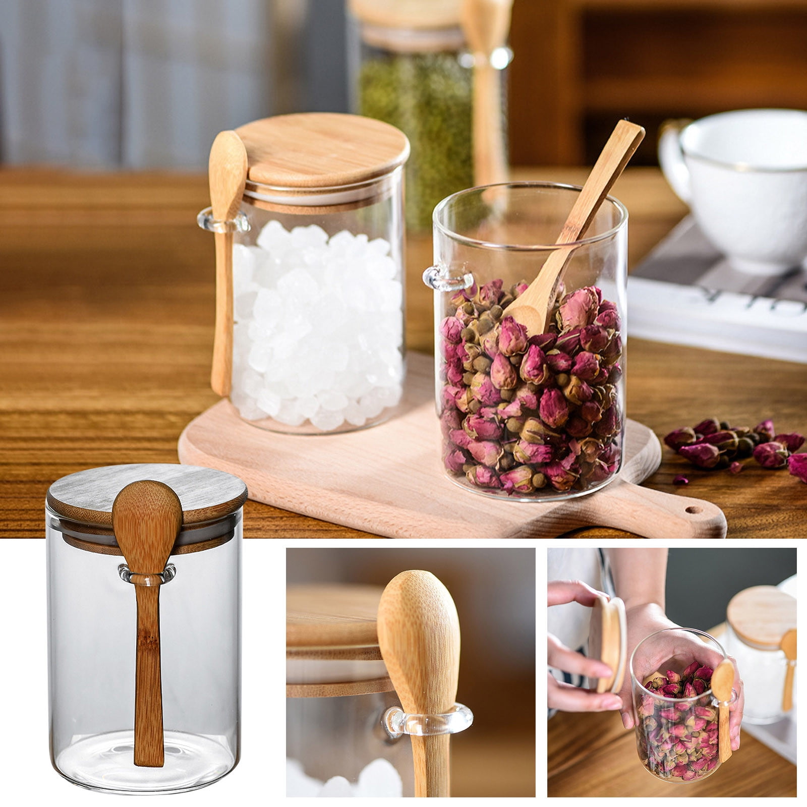 Glass Spice Jars,Kitchen Glass Food Storage Jars Wood Lid with Spoon ...