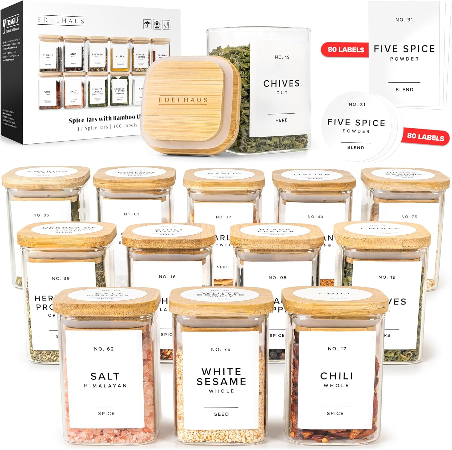 Glass Spice Jars with Label and Bamboo Lids (12 x 6.4oz) Spice ...