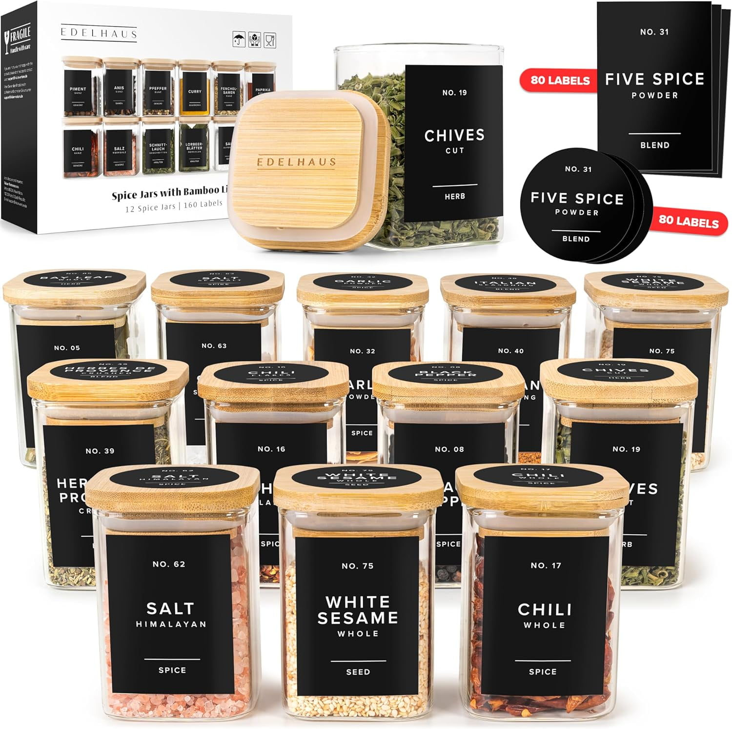 Glass Spice Jars with Label and Bamboo Lids (12 x 6.4oz) Spice ...